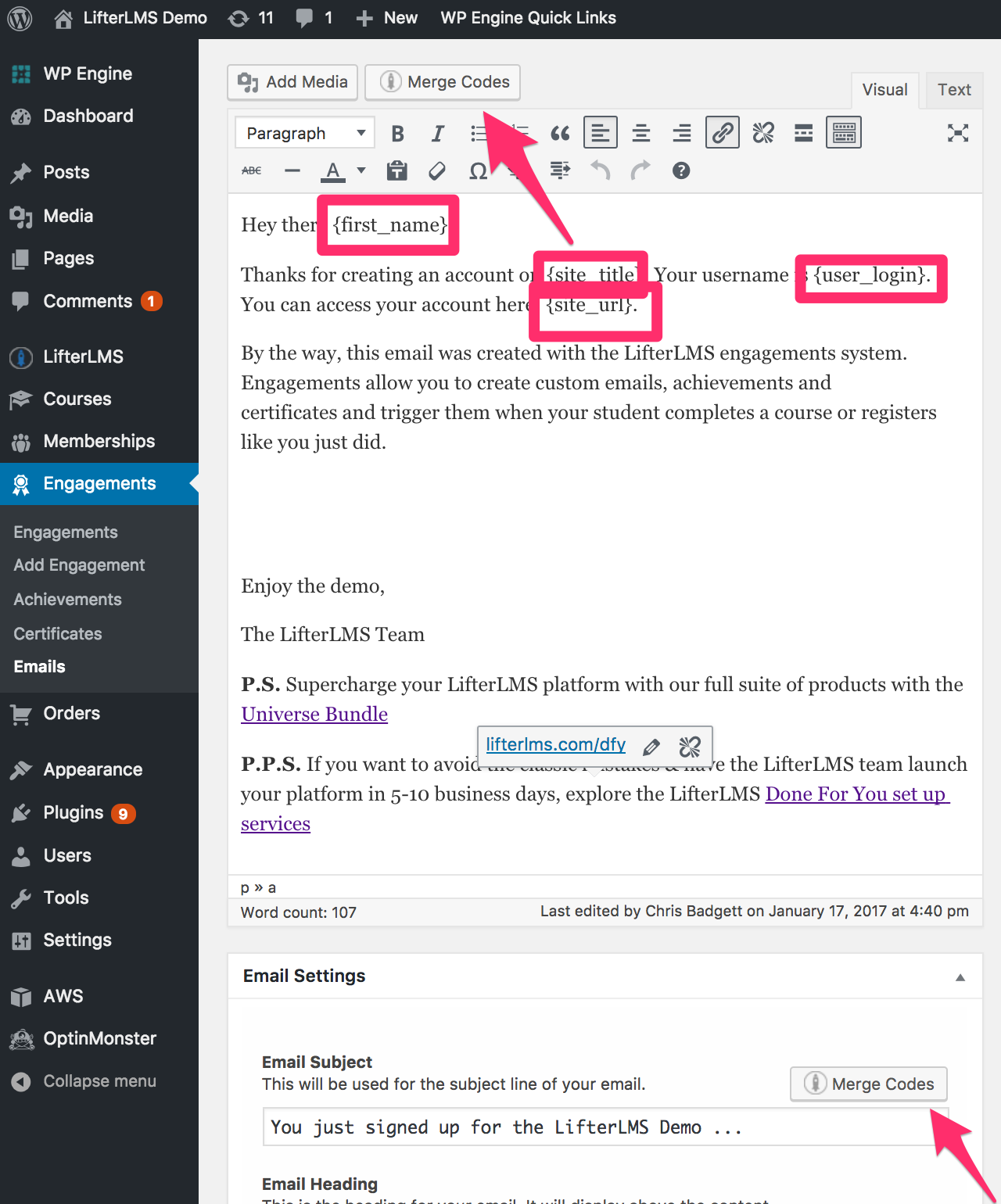 How to add merge codes, logo, and more to LifterLMS email engagements - LifterLMS